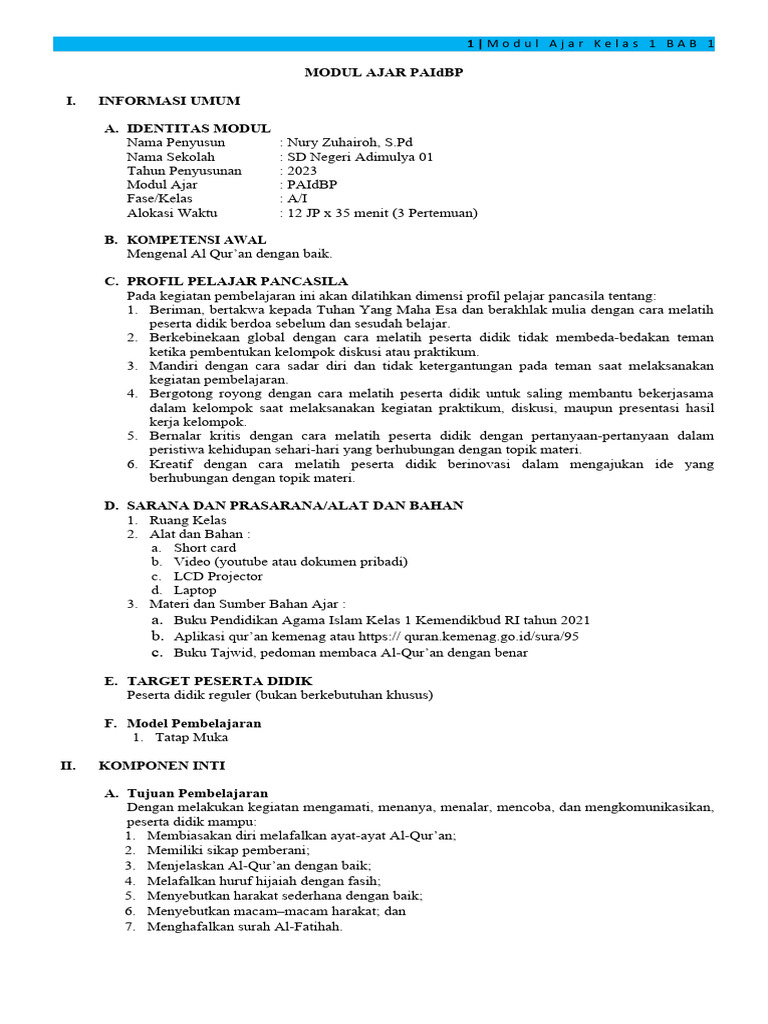 Modul Ajar Kelas 1 Bab 1 | PDF