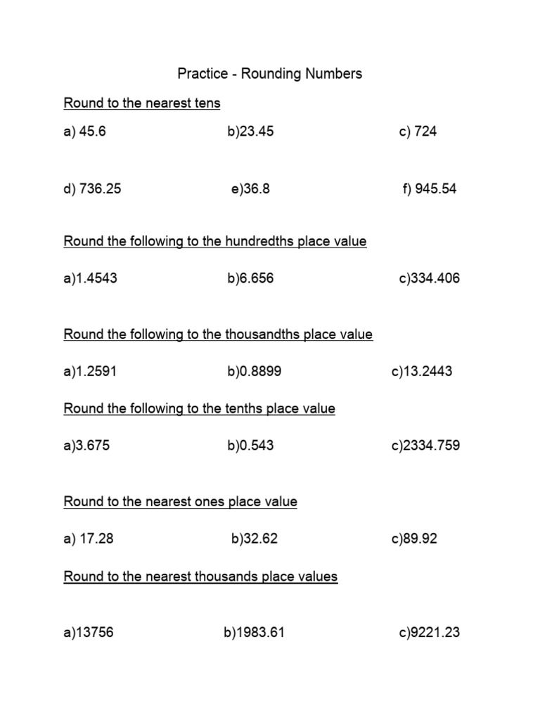 Rounding Numbers Practice Exercises | PDF