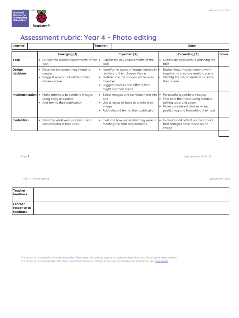 Unit Assessment Rubric - Photo Editing - Y4 | PDF | Rubric (Academic ...