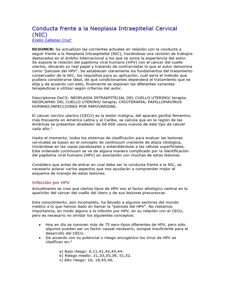 Conducta Frente A La Neoplasia Intraepitelial Cervical | PDF | Cáncer ...
