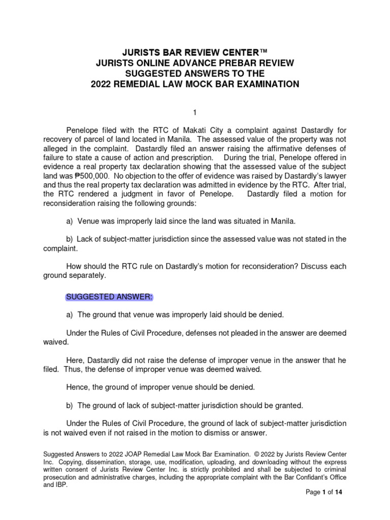 2022 JOAP Remedial Law Mock Bar Examination | PDF | Hearsay | Complaint