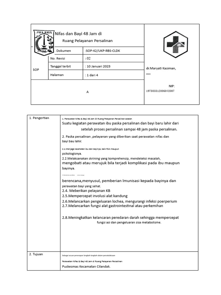 Sop Perawatan Nifas Dan Bayi 48 Jam Di RB | PDF