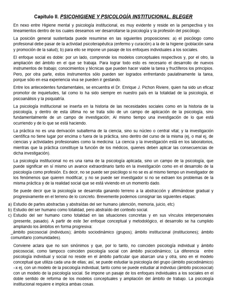 UNIDAD 2 - Psicohigiene y Psicología-Institucional. Bleger | PDF ...