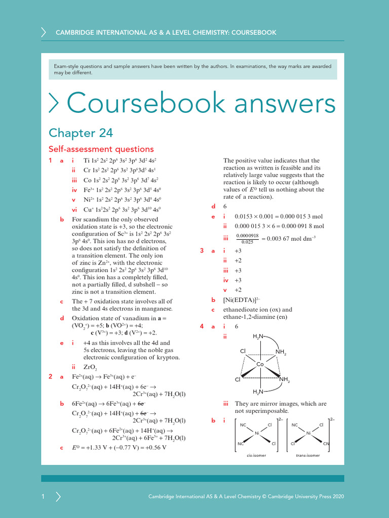 Self Assessment Answers 24 Asal Chem CB | PDF | Electron Configuration | Transition Metals