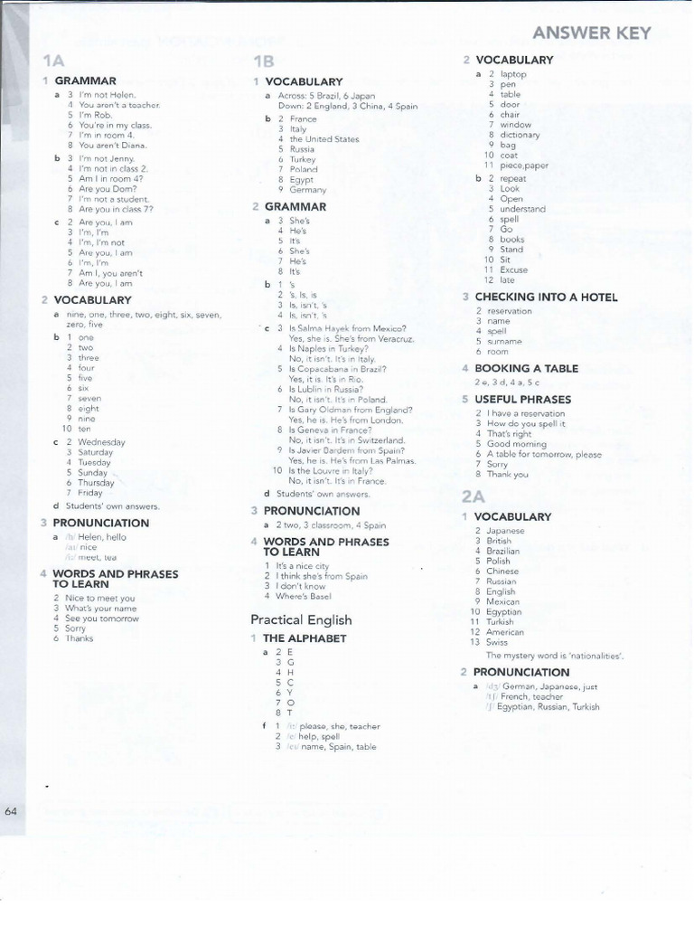 WB Answer Keys-English File Beginner | PDF