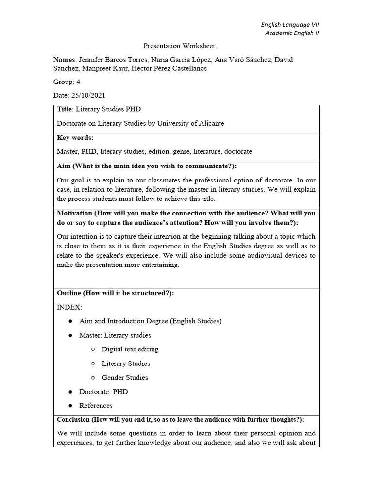 Presentation Worksheet | PDF | Cognition | Communication