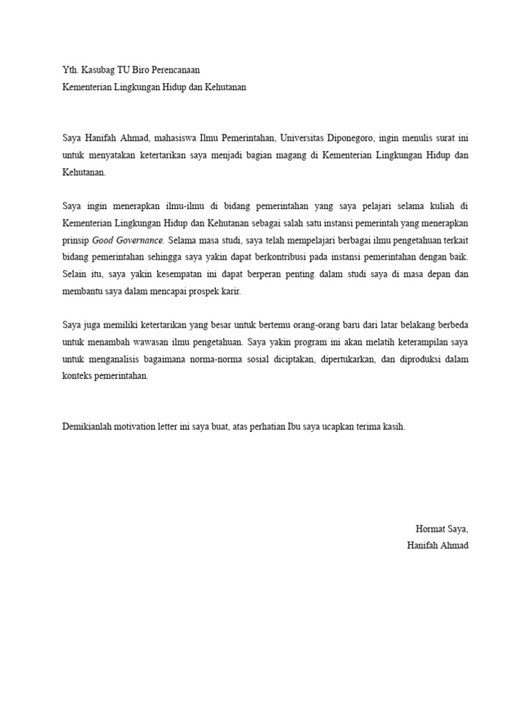 Surat Motivasi Magang Hanifah Ahmad | PDF