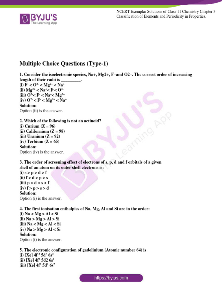 Ncert Exemplar Solutions For Class 11 Chemistry CH 3 Classification | PDF | Periodic Table ...