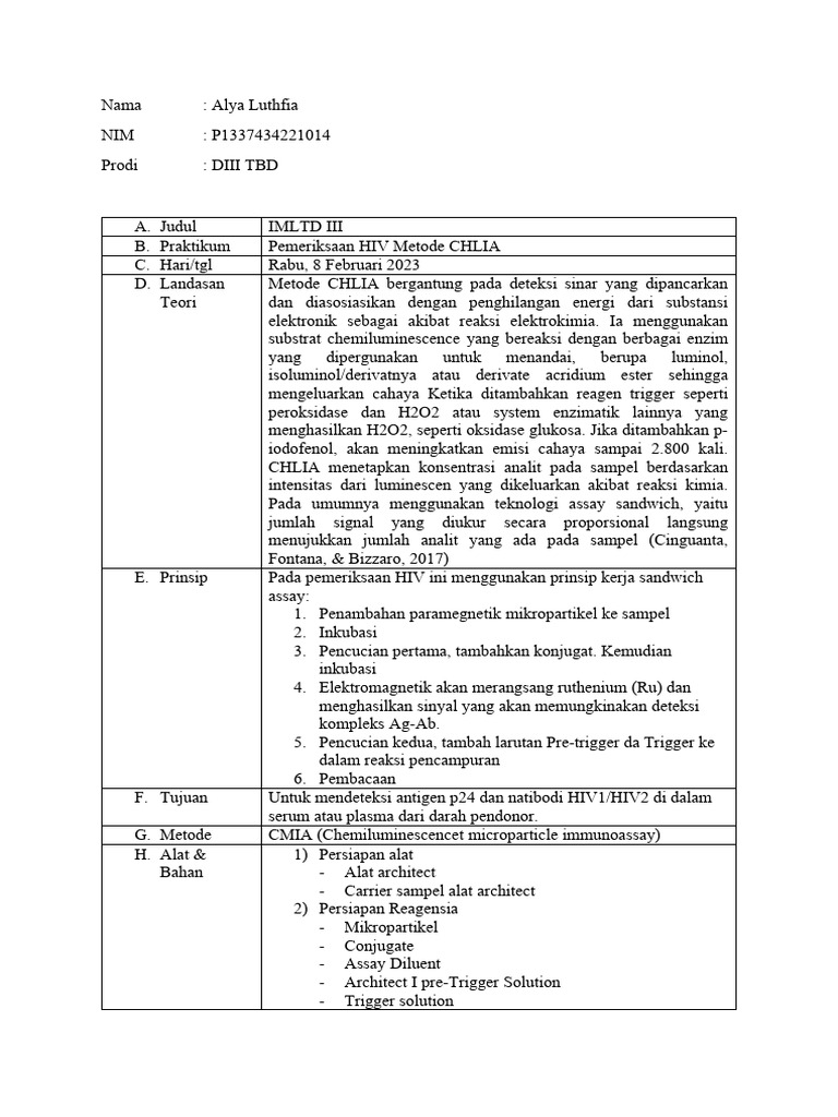 Laporan Praktikum Pemeriksaan Hiv & Hbsag Metode Chlia | PDF ...