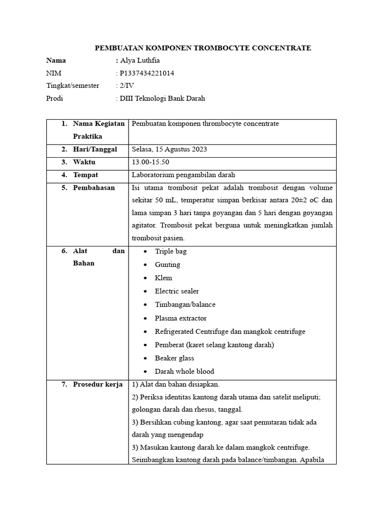 Lapral Pembuatan Komponen Trombocyte Concentrate Pdf