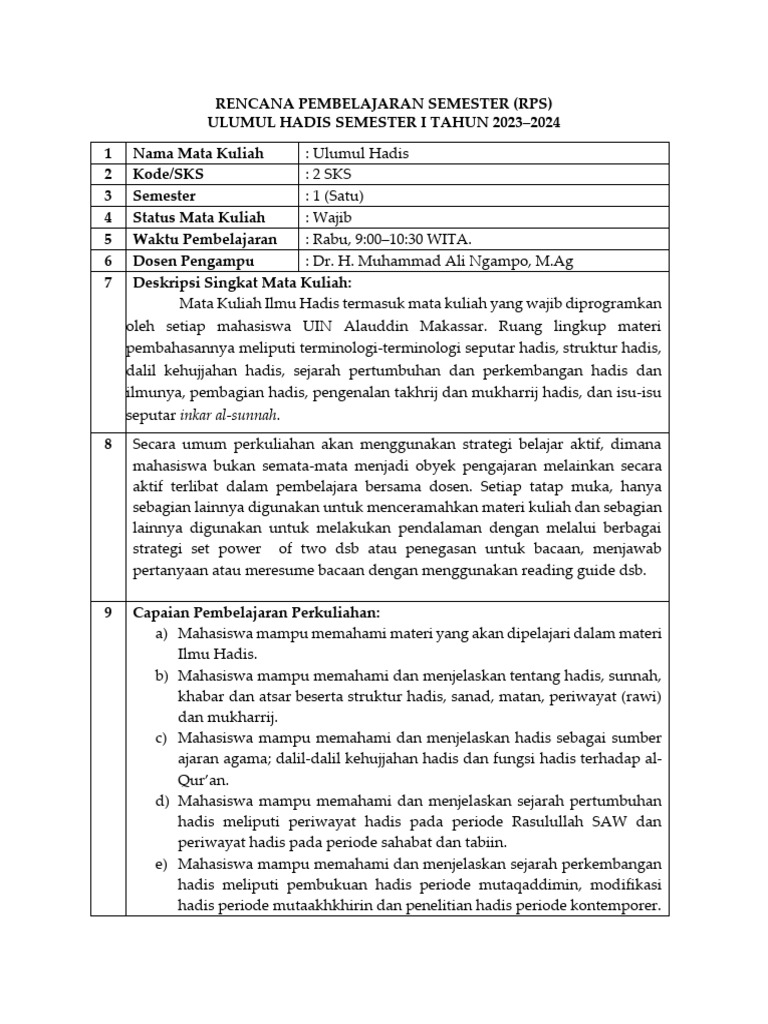 RPS Ulumul Hadis 2023-2024 | PDF