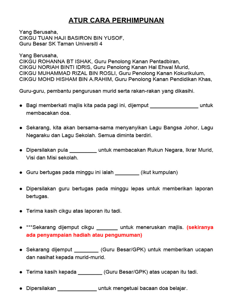 Atur Cara Perhimpunan Sktu4 | PDF