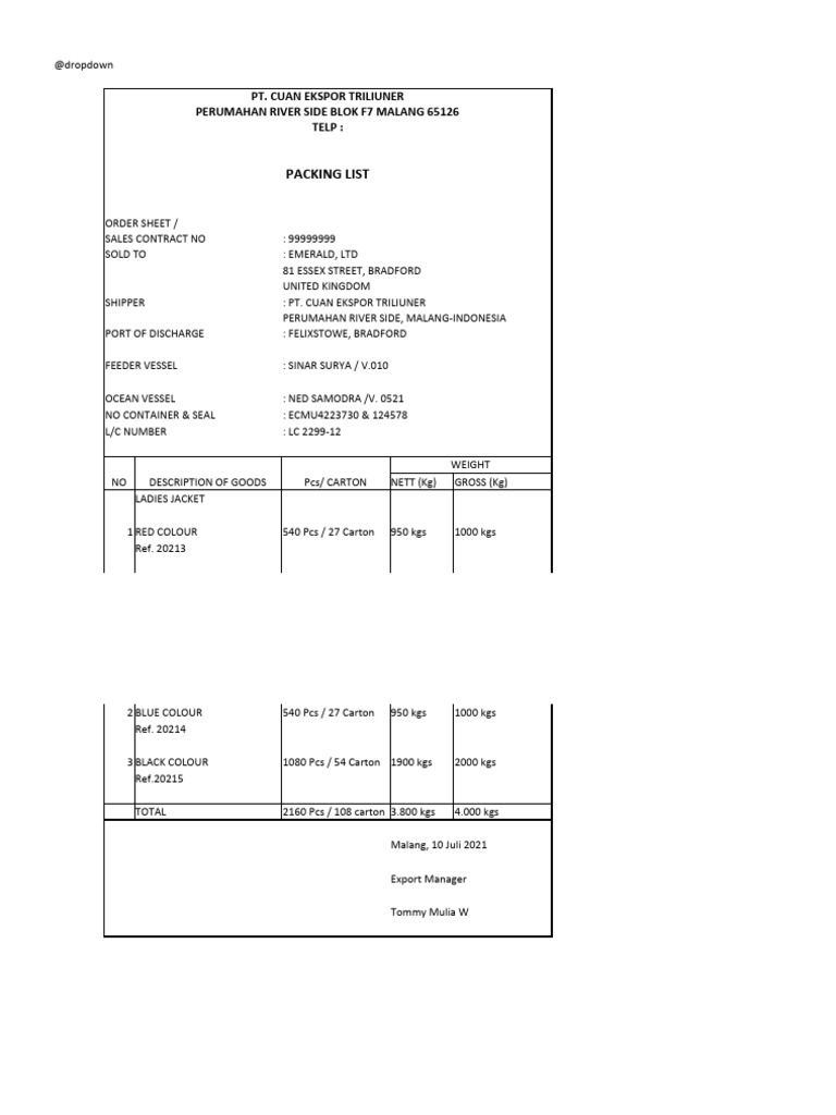 Contoh Packing List | PDF