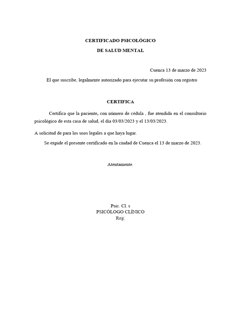 Ejemplo De Certificado De Salud Mental Pdf 6176