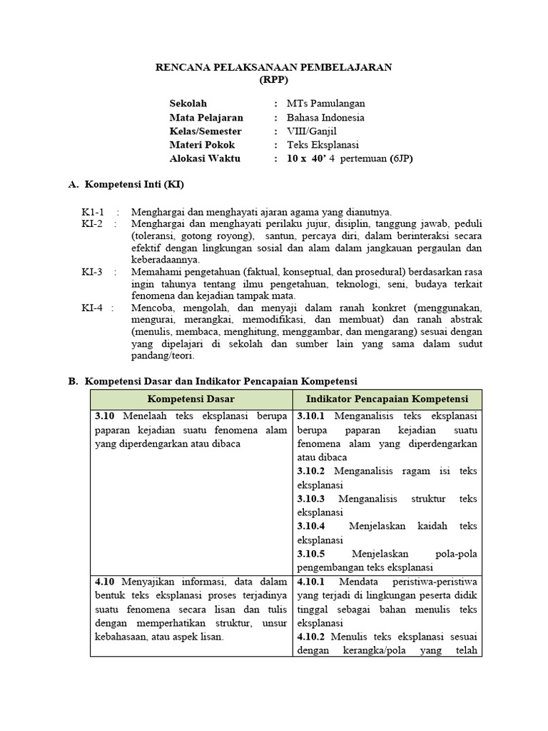 RPP 3.10 Dan 4.10 Teks Eksplanasi | PDF | Seni & Disiplin Bahasa | Kajian Bahasa Asing