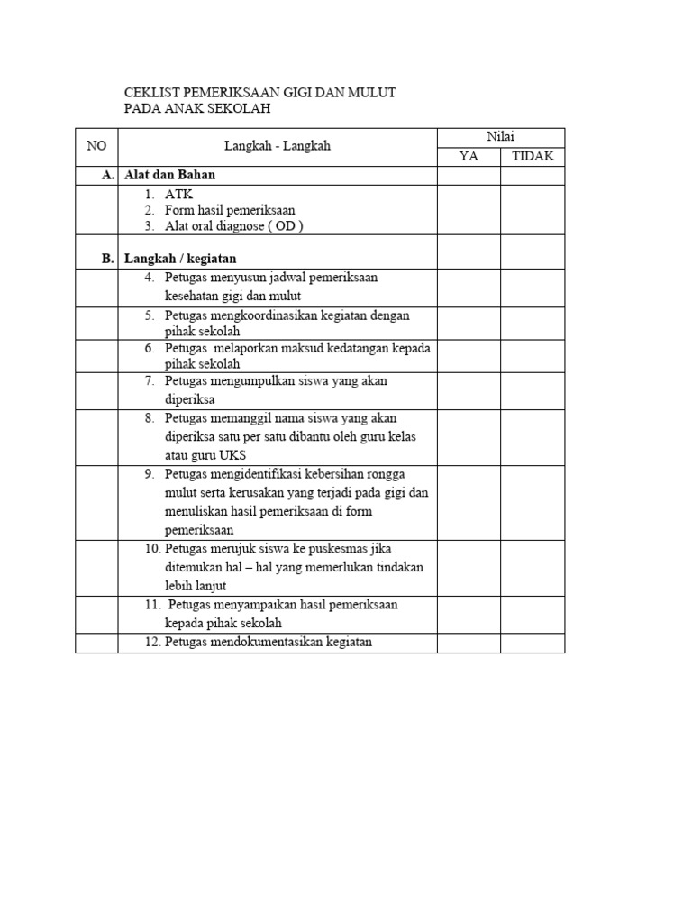 Ceklist Pemeriksaan Gigi Dan Mulut Pada Anak Sekolah | PDF