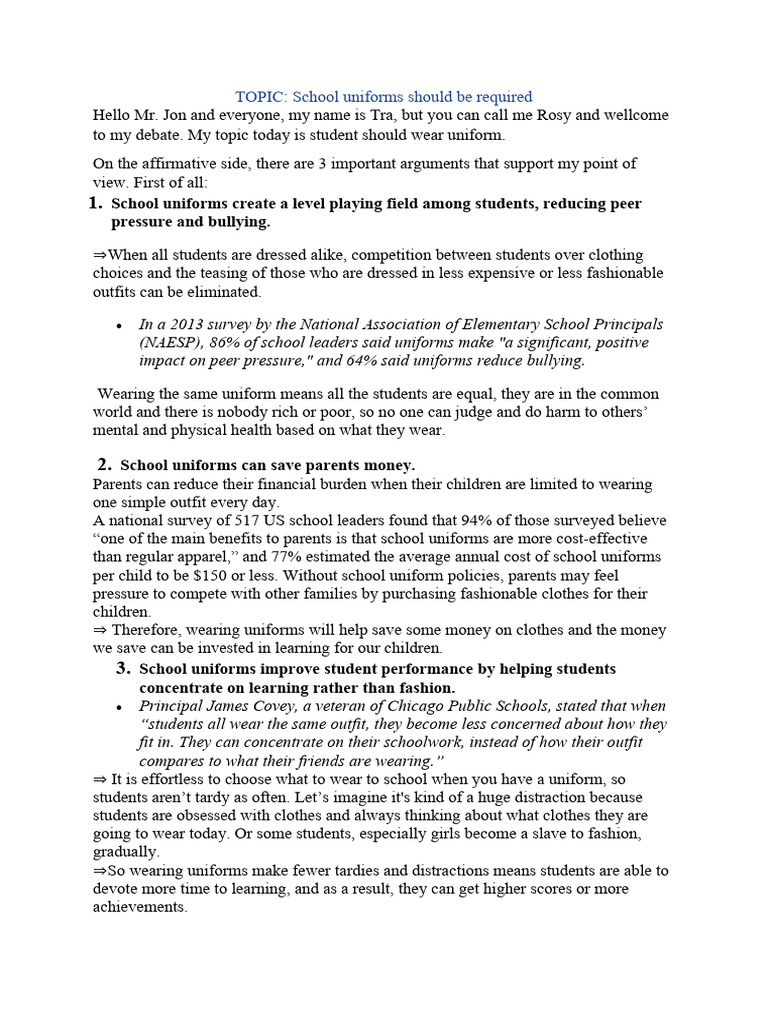 Topic of Debate - Student Should Wear Uniform | PDF | Clothing | Fashion