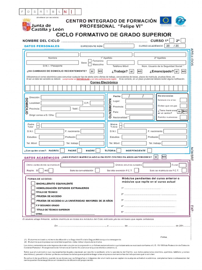 Formulario Matrícula FP Grado Superior | PDF