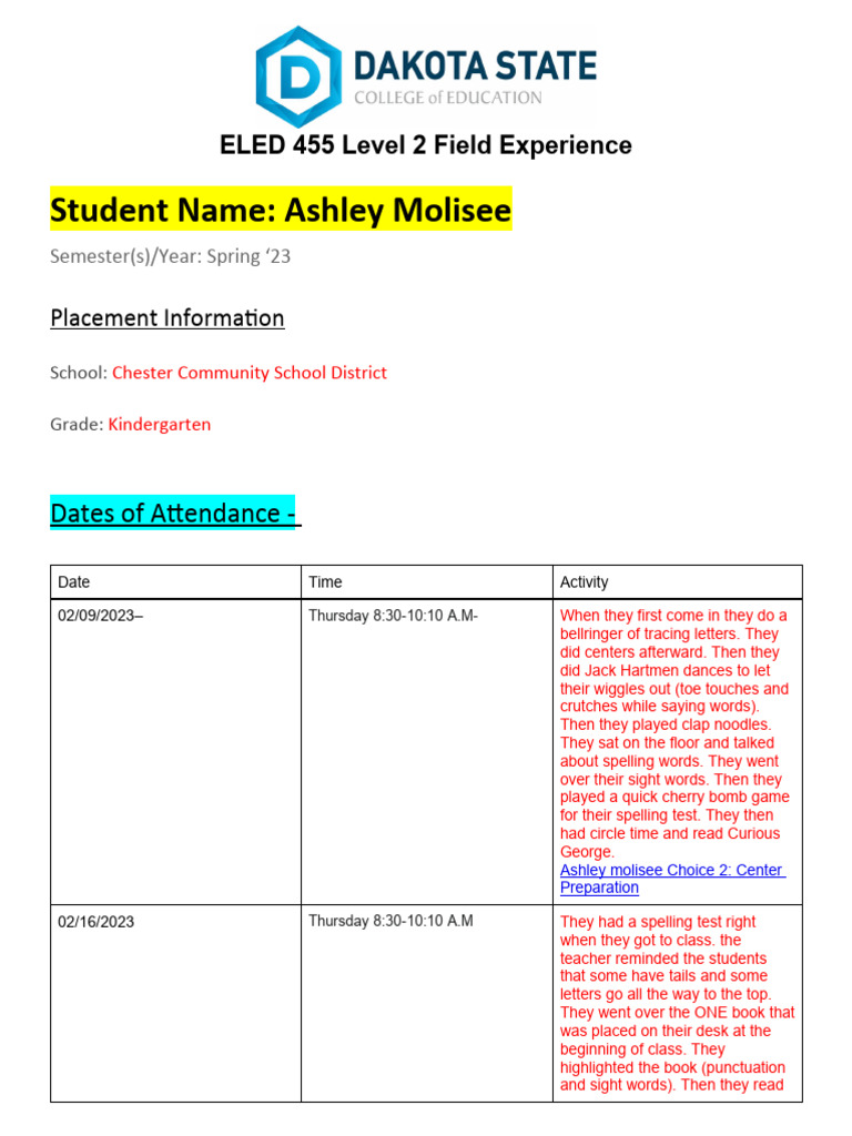 f2f Eled 455 Field Experience Documentation 2 | PDF | Phonics | Reading ...