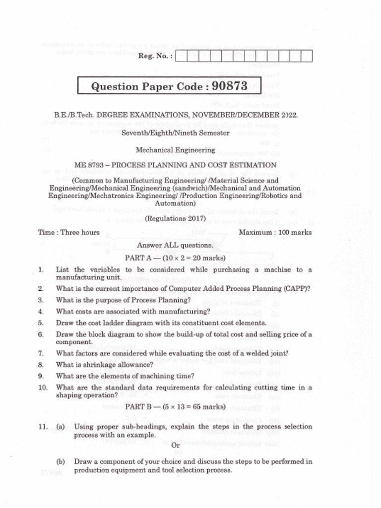 MECH-ND-2022-ME 8793-Process Planning and Cost Estimation | PDF