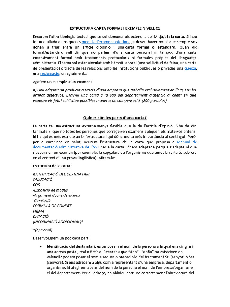 Estructura Carta Formal Nivell c1 I Exemple | PDF