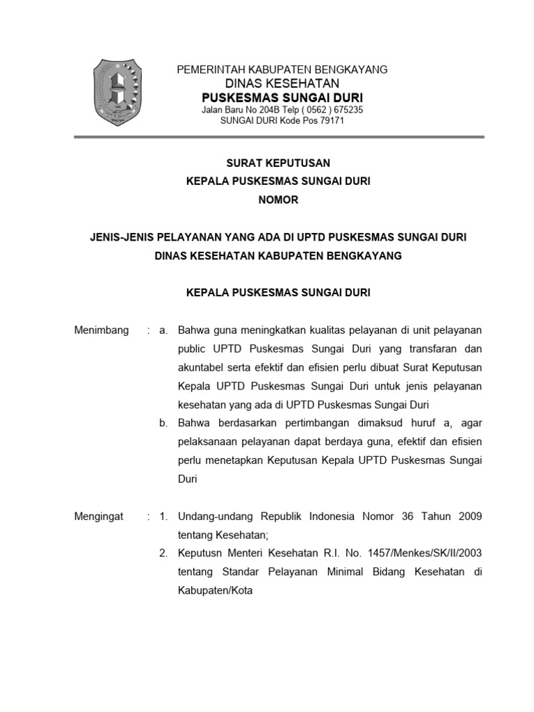 9.2.1.1 SK Jenis-Jenis Pelayanan Yang Ada Di UPTD Puskesmas Sungai Duri | PDF