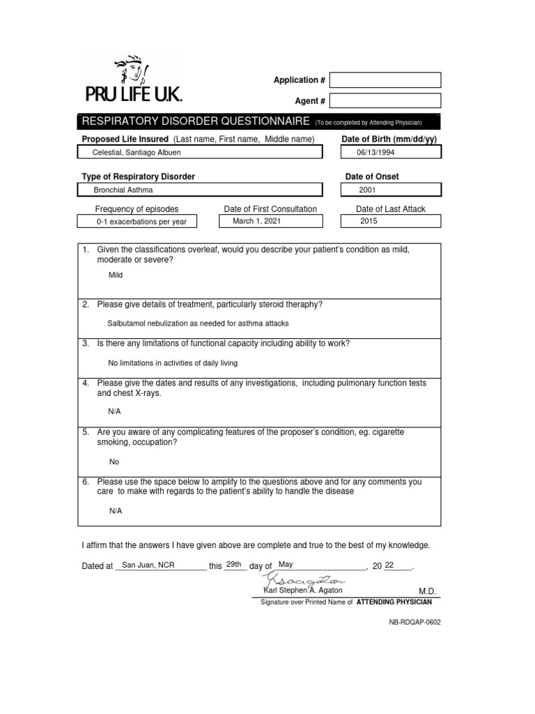 Respiratory Questionnaire (Attending Physician) | PDF