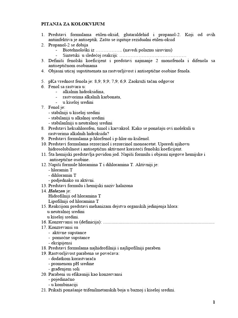 Farm - Hemija 2-Bolonjci - PITANJA ZA PRIPREMU KOLOKV. | PDF