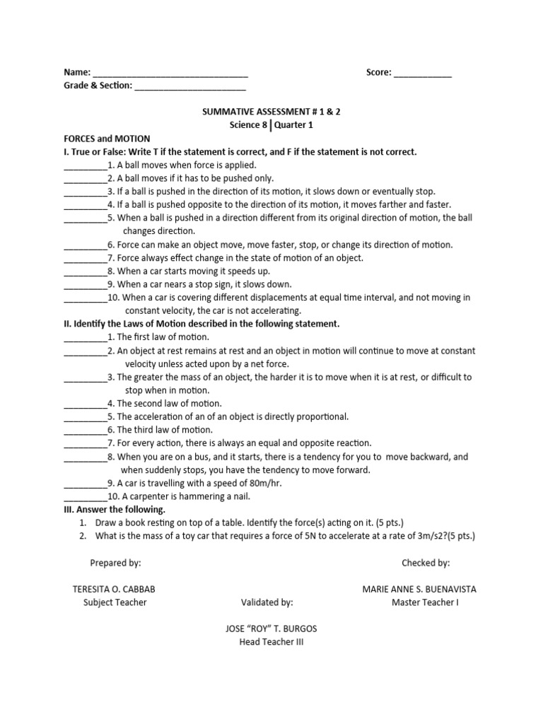 Science 8 - Q1 - Summative Test 1 | PDF | Force | Acceleration