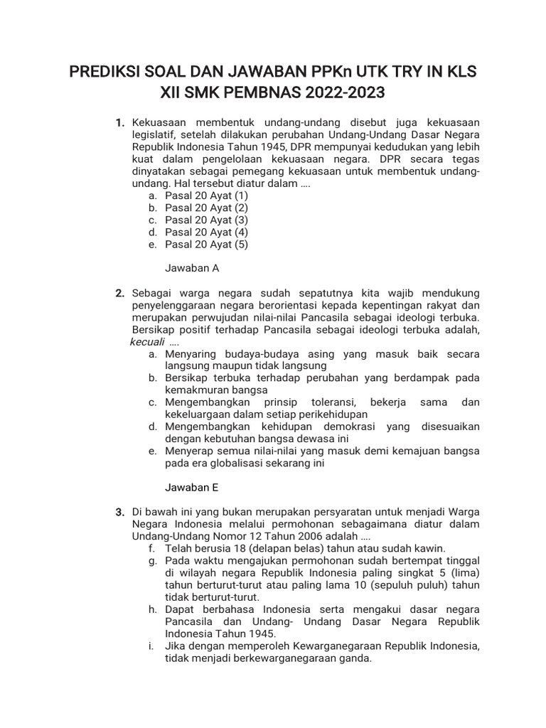 Prediksi Soal Dan Jawaban PPKN Try in KLS Xii 2022-2023 | PDF