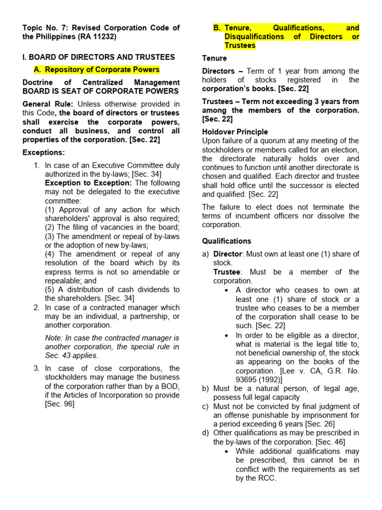 Revised Corporation Code: Directors & Trustees | PDF | Finance & Money ...