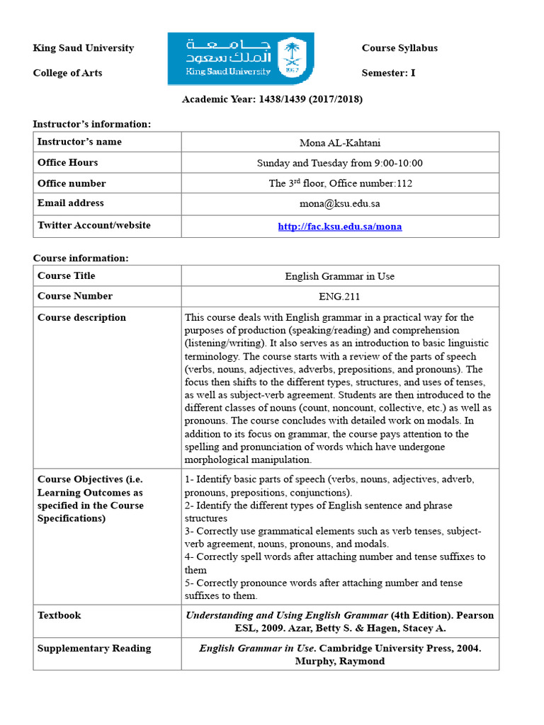 Course Syllabus Eng.211 MBK | PDF | Verb | English Language