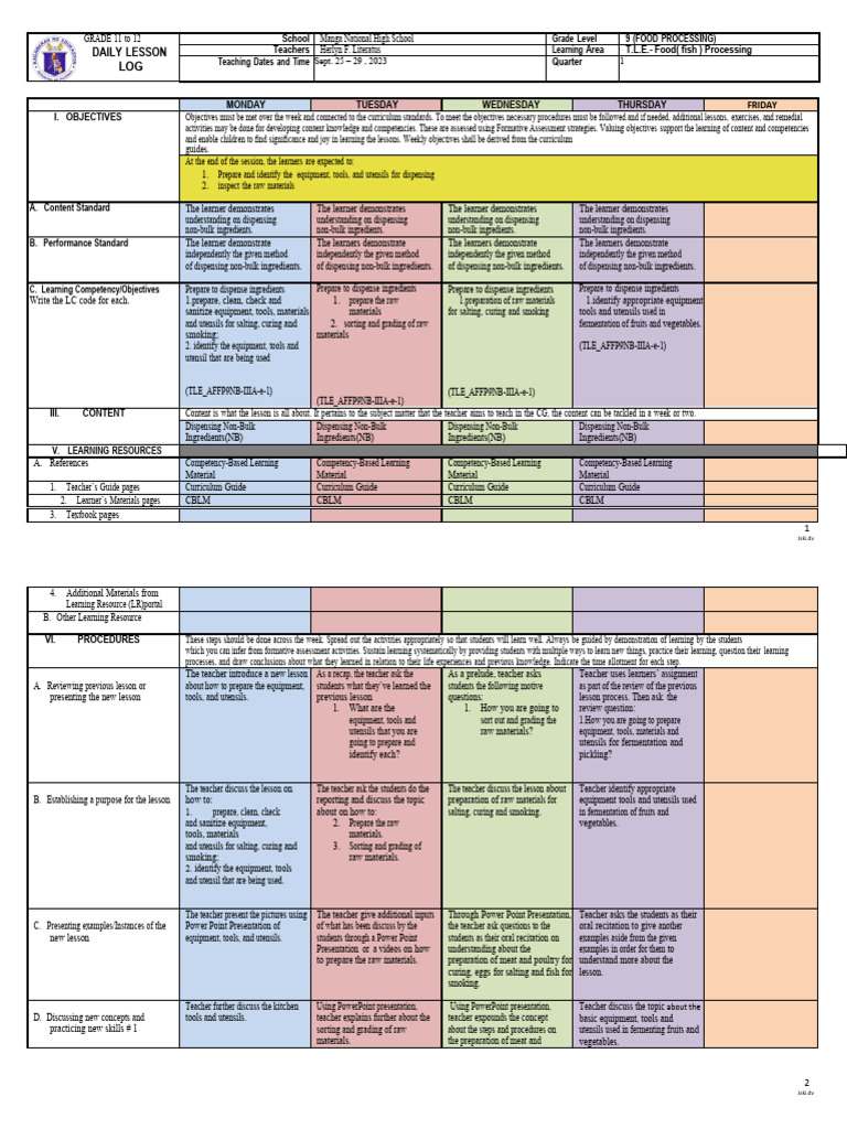 DLL Food Processing PDF Free | PDF | Learning | Teachers