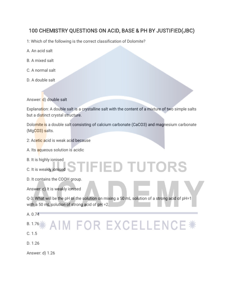 100 Chemistry Questions On PH Scale by Justified (JBC) | PDF | Acid | Ph