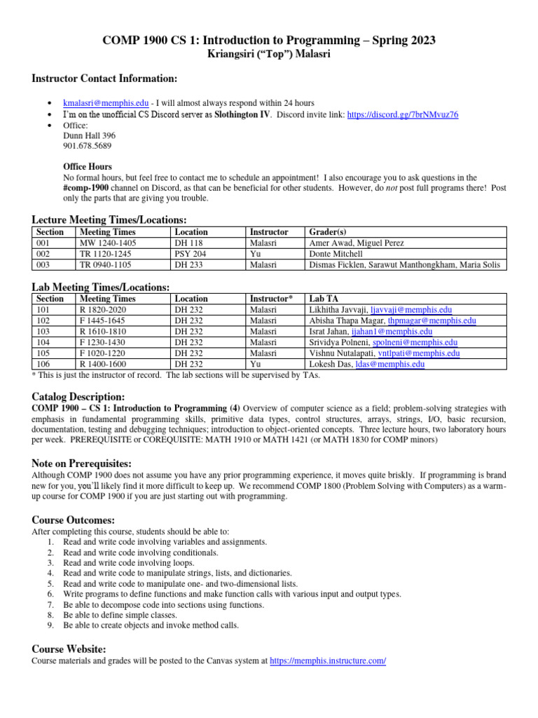 COMP 1900 CS 1: Introduction To Programming - Spring 2023: Kriangsiri ("Top") Malasri Instructor ...