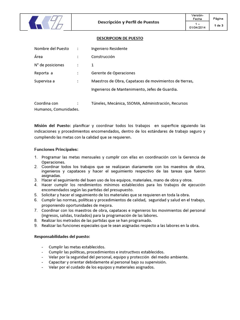 01 Descripcion y Perfil de Puesto Ingeniero Residente | PDF | Presupuesto | Ingeniería