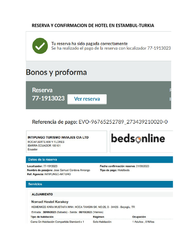 Reserva y Confirmacion de Hotel en Estambul | PDF