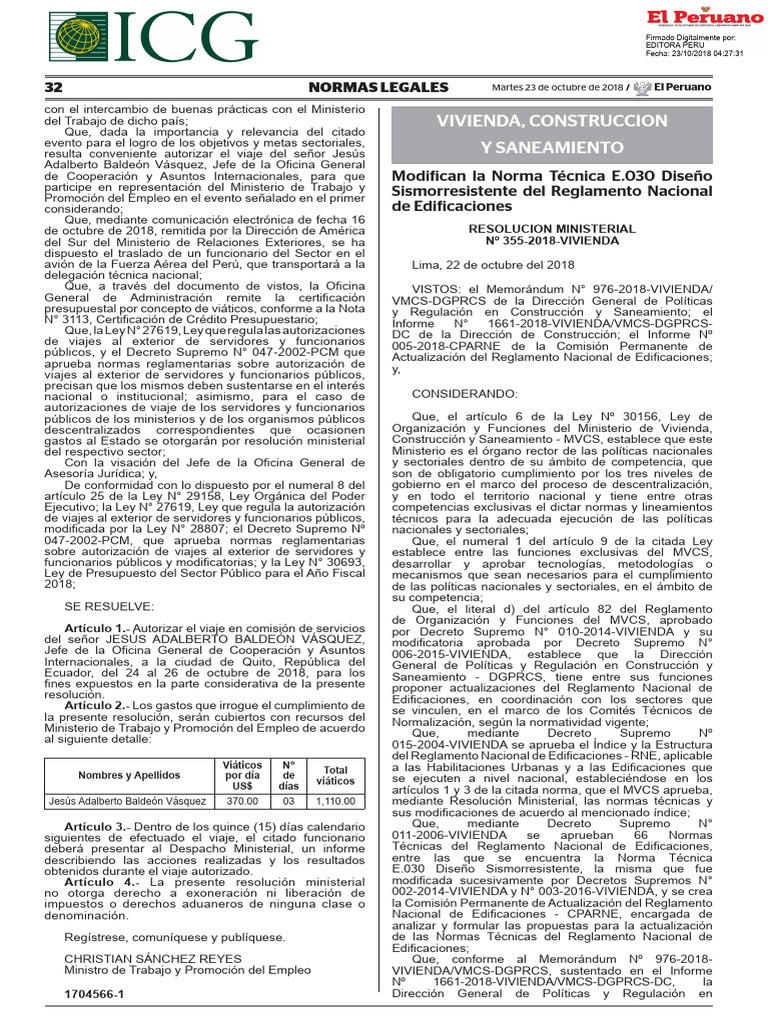 2018 E030 RM-355-2018-VIVIENDA Peruano Resolucion | PDF