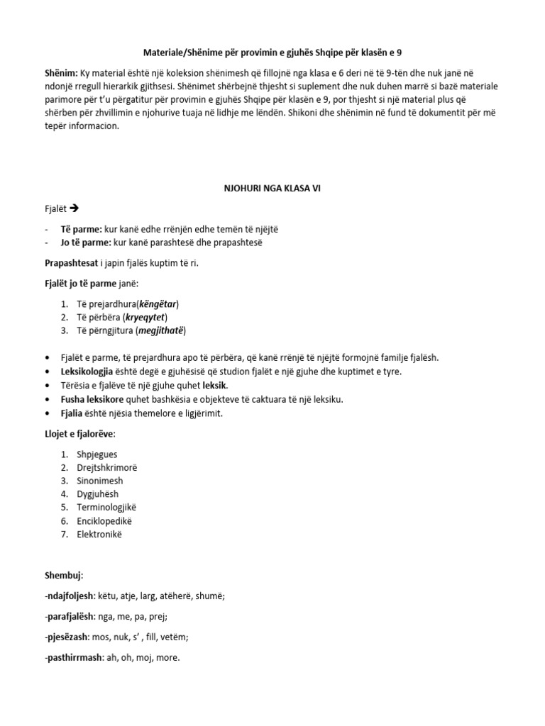 Materiale Ndihmese Provimi I Lirimit - Klasa e 9 - Gjuha Shqipe | PDF