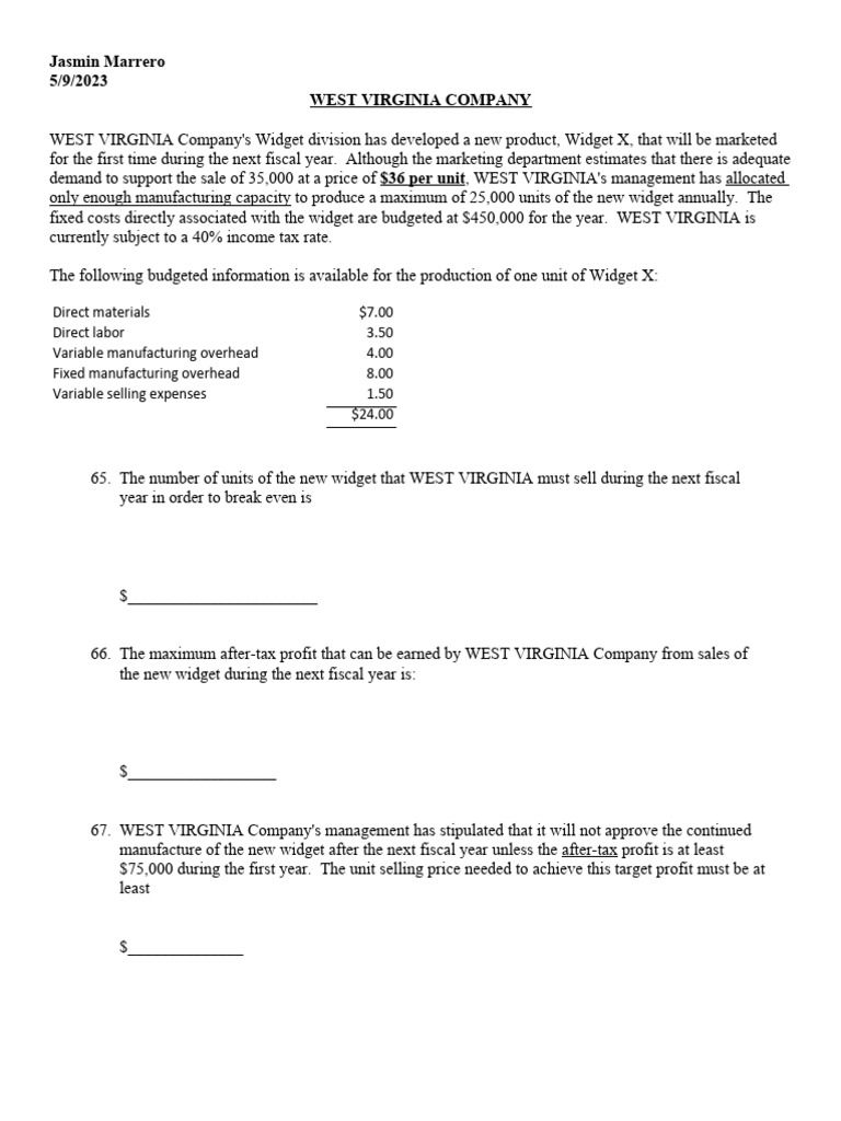 5-13 WEST VIRGINIA Company (CVP-SP Order-Transf Pricing) | PDF | Cost ...