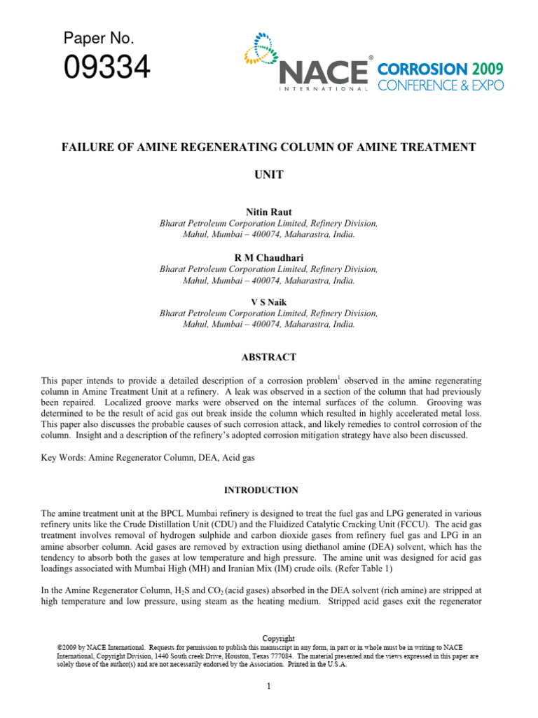 Paper No.: Failure of Amine Regenerating Column of Amine Treatment Unit ...