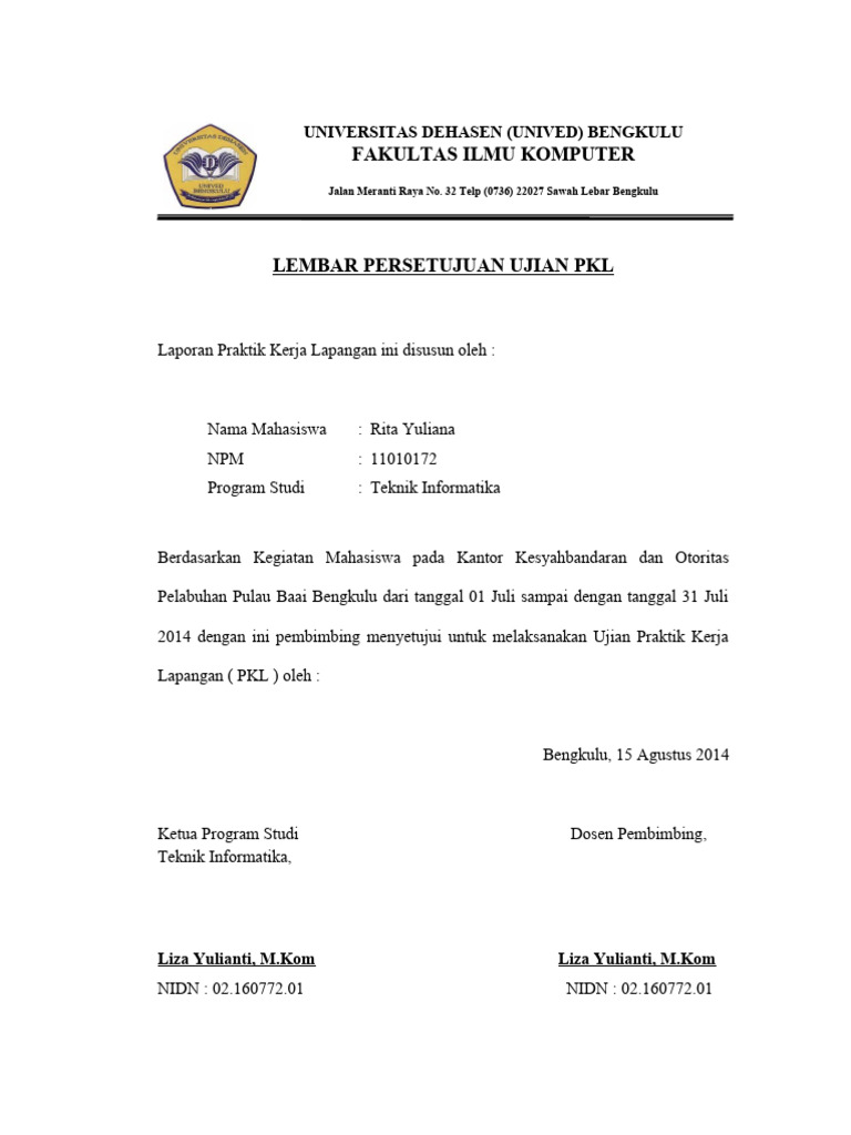 Lembar Persetujuan Ujian PKL | PDF