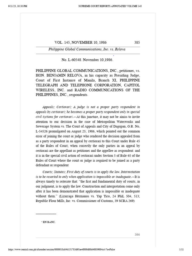Philippine Global Communications, Inc. vs. Relova, 145 SCRA 385 ...