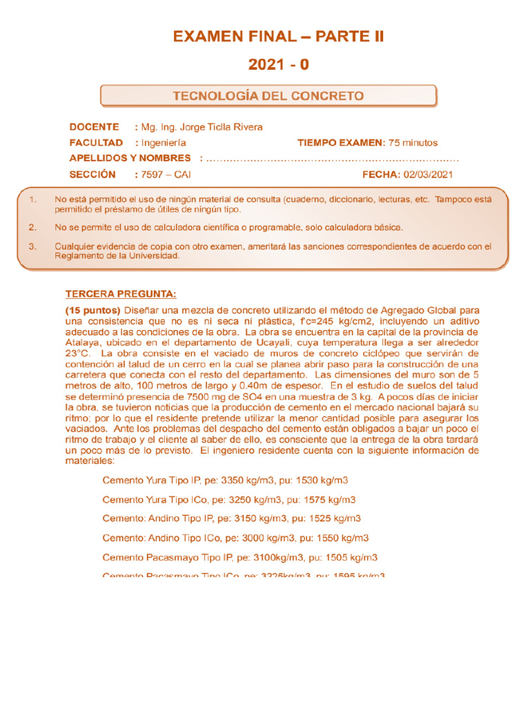 Examen Parcial Tec Concret | PDF
