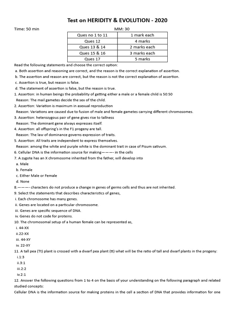 Test On Heredity 2020 | Download Free PDF | Gene | Dominance (Genetics)