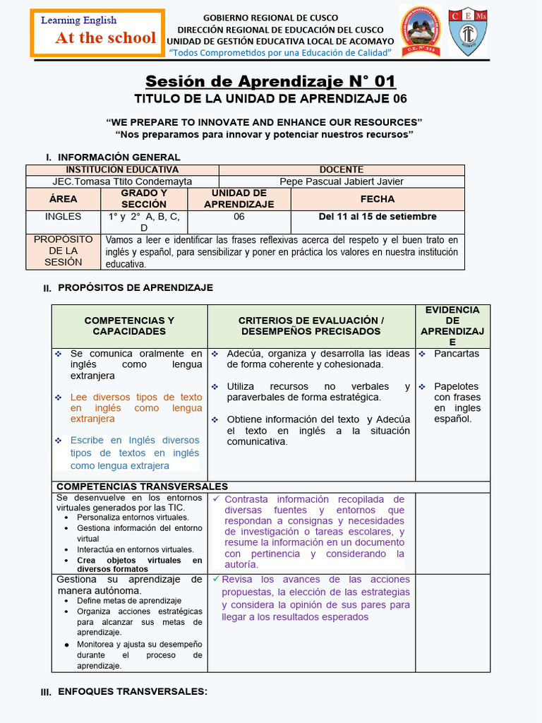 Sesion de Aprendizaje. (En El Peru, Nos Respetamos y Nos Tratamos Bien) | PDF | Maestros ...