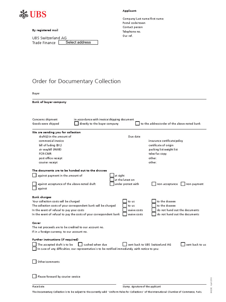 DocumentaryCollectionOrder SampleForm UBS | PDF | Economies | Business