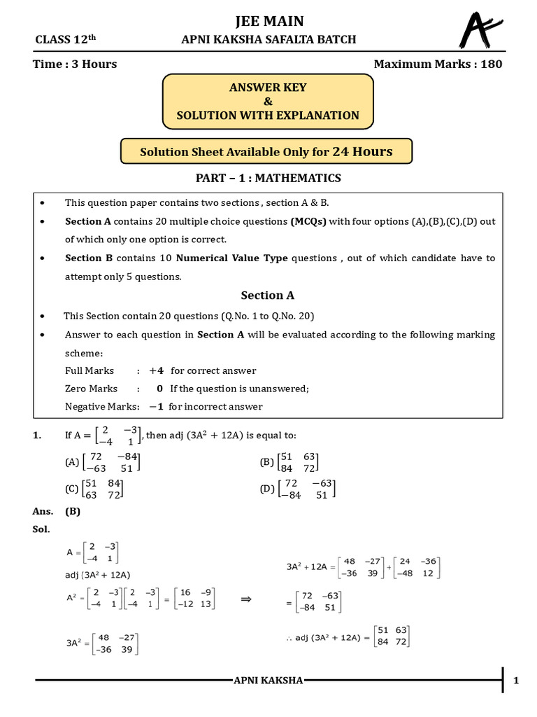 Answer Key & Solution Explanation, JEE Main Paper Safalta Batch, 17 Sep ...