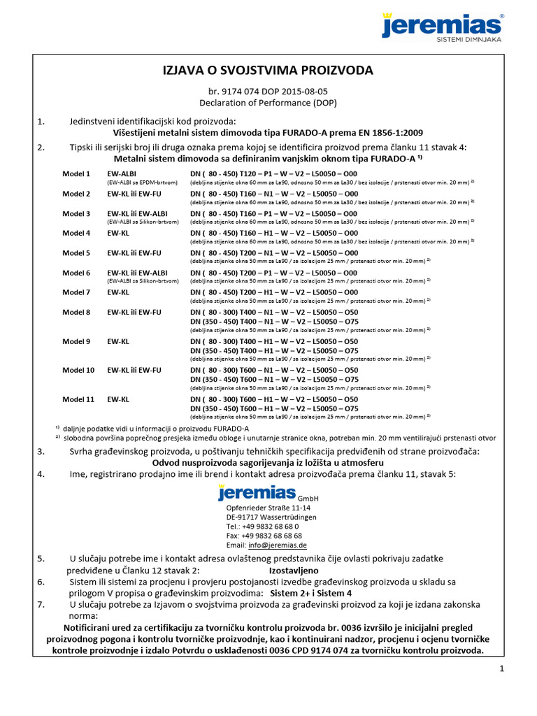 Izjava o Svojstvima Proizvoda FURADO-A | PDF
