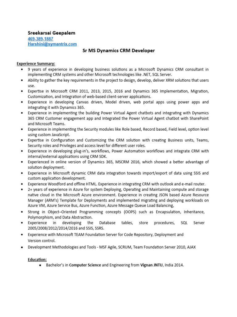 Sreekar CRM Resume | PDF